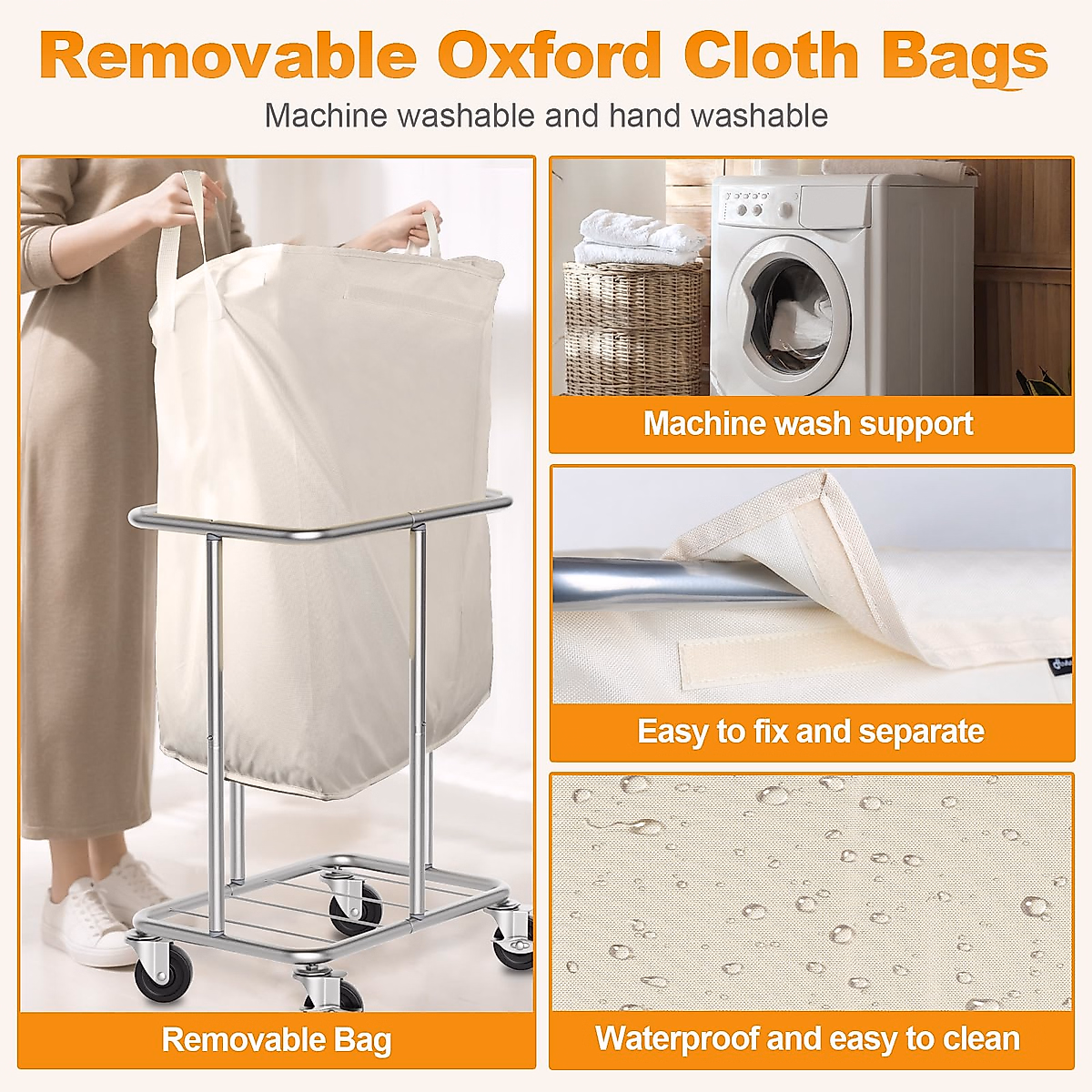 Hodonas Laundry Basket with Wheels, Rolling Laundry Hamper 170L Large Dirty Clothes Hamper Cart with Metal Frame and Removable Bag, Hampers for Bedroom, Bathroom, and Laundry Room Organization, Beige