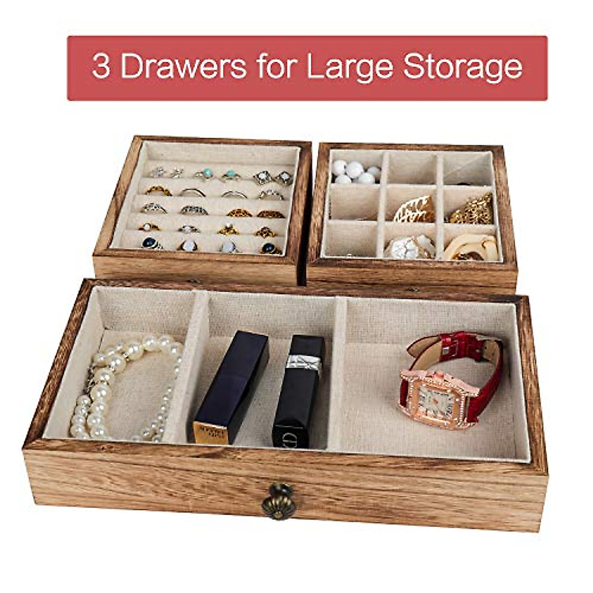 X-cosrack Jewelry Tree Stand Organizer 3 Tier Metal Jewelry Holder Stand with Wood Basic Storage Box, Adjustable Height Holder Display for Necklaces Earrings Bracelets and Rings, Carbonized Black