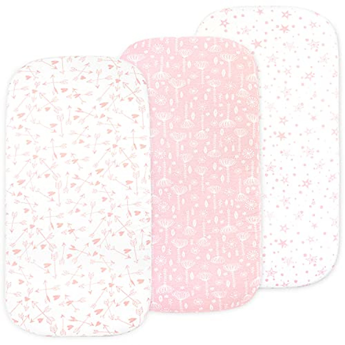 Baby Bassinet Sheet Set for Boy and Girl, 3 Pack, Universal Fitted for Oval, Hourglass & Rectangle Bassinet Mattress, Fitted Sheets Size 32 x 16 x 4 Inches, Pink Stars
