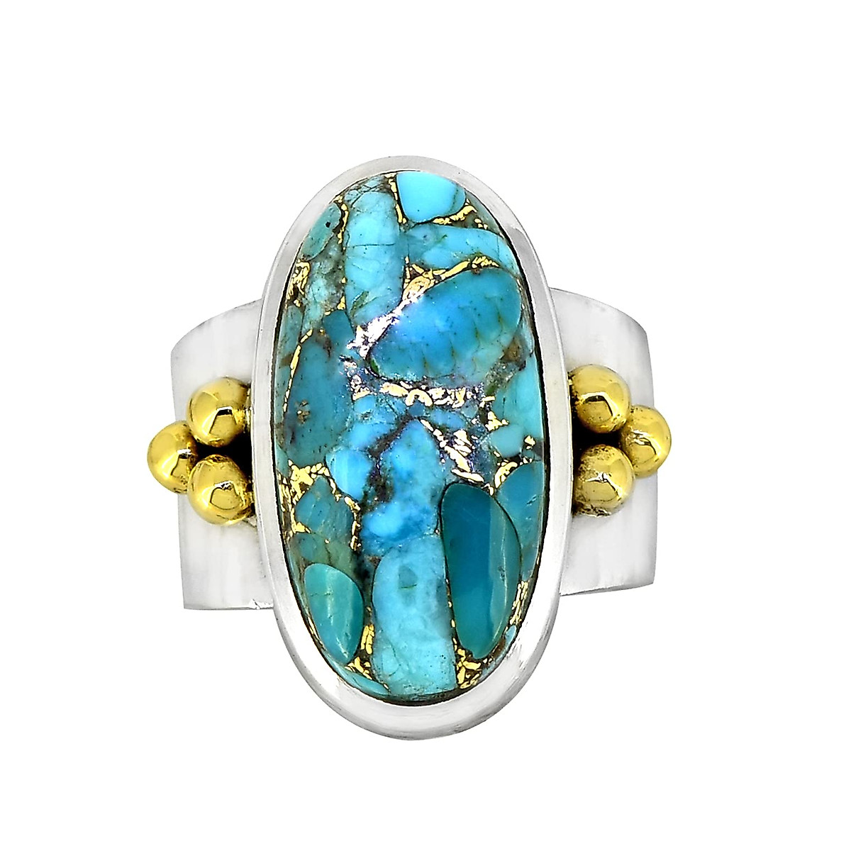 YoTreasure Blue Copper Turquoise Bold Ring .925 Sterling Silver with Brass Accents