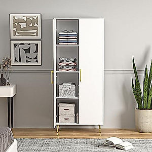 NOVAMAISON White Storage Cabinet 69” Tall - Storage Cabinet w/ 2 Doors and Adjustable Shelves, Freestanding Kitchen Pantry w/Gold Handles and Legs, Wooden Wardrobe Cabinet for Bedroom, Laundry