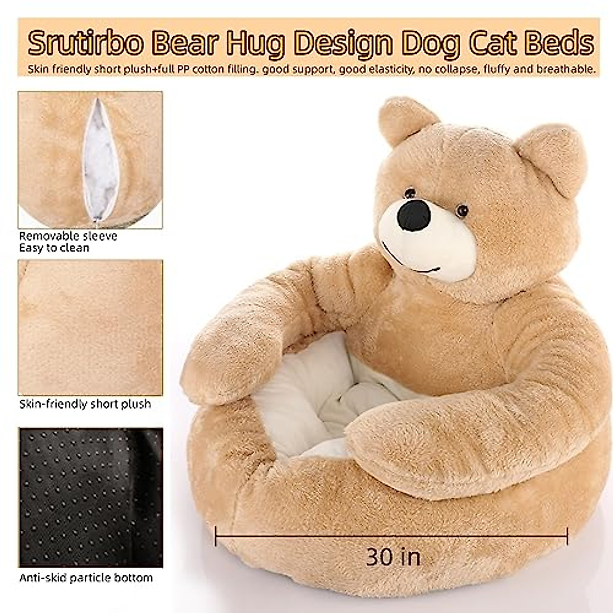 Cute Bear Hug Design Dog Cat Beds Plush Pet Beds Cuddler, Warm Soft Calming Dog Beds with Removable Washable Cover Non-Slip Bottom (Diameter 30 in, Khaki)