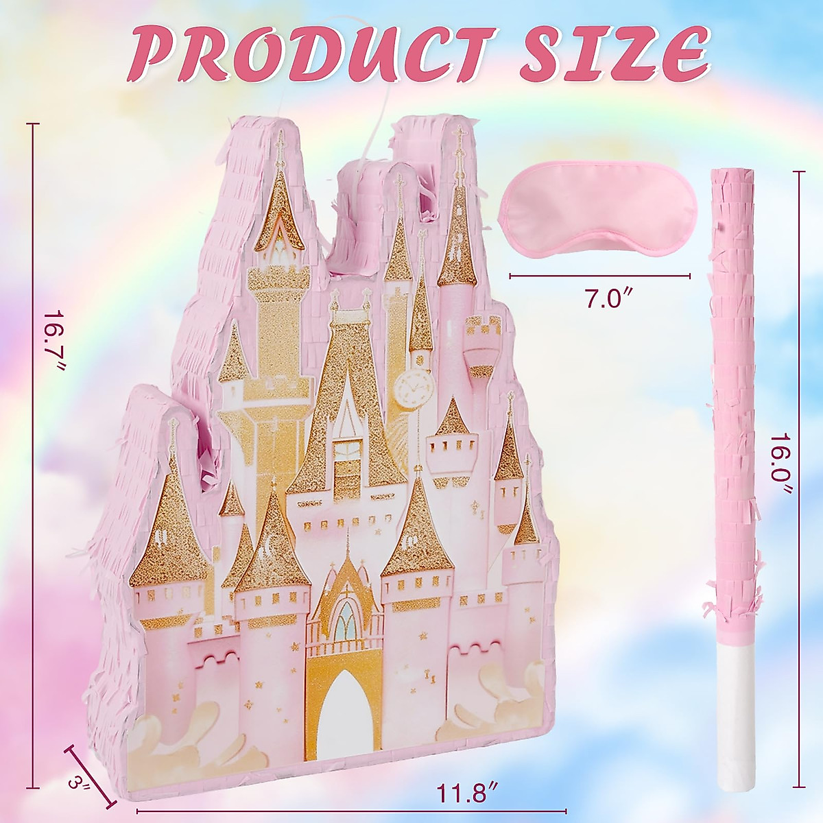 Princess Castle Pinata - Pink Castle Pinata with Blindfold and Bat for Girls Kids Princess Theme Birthday Party Game Decorations (16.7”x11.8”x3”)