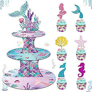 25 PCs Mermaid Cupcake Stand 3-Tier and Mermaid Cupcake Topper Set, Fiesec Mermaid Birthday Supplies Dessert Tower Holder Round Serving Stand Holder for Girls Under The Sea Starfish Seahorse Seashell