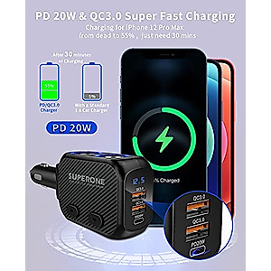 SUPERONE 180W Cigarette Lighter Splitter with 20W PD, 2-Socket Cigarette Lighter Adapter, Fast USB C Car Charger with Type-C 20W PD & QC 3.0 for Dash Cam, GPS, Laptop/iPad/iPhone 14/13/12/11/X/Samsung