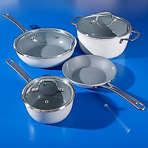 Sur La Table Kitchen Essentials 10 Piece PFA Free Non-Toxic Titanium Ceramic Nonstick Interior Forged Aluminum Cookware Pots and Pans Set - Linen White - Induction Compatible