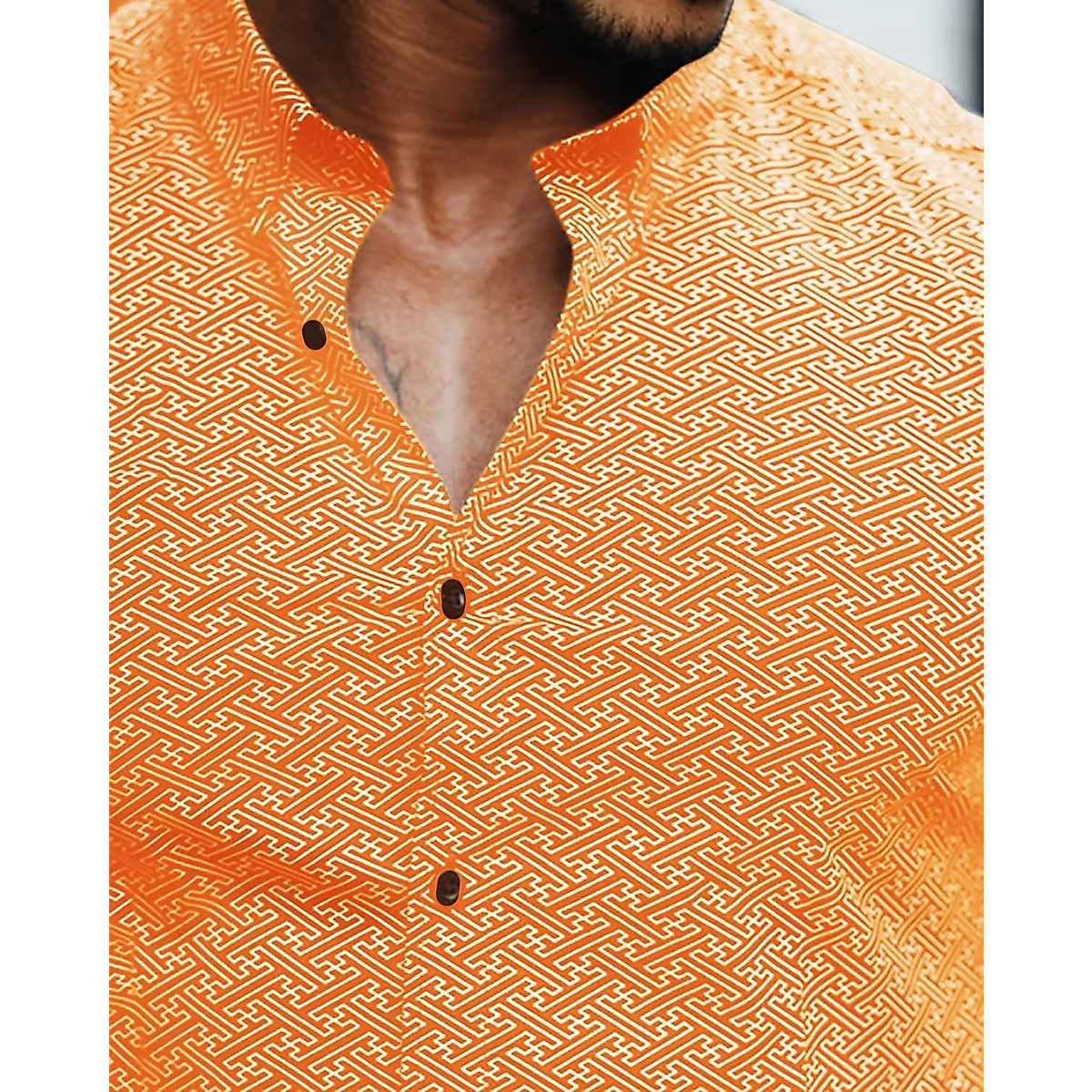 Men's Athletic Dress Shirts Casual Regular Fit Printed Short Sleeve Muscle Button Down Shirts Orange 3XL