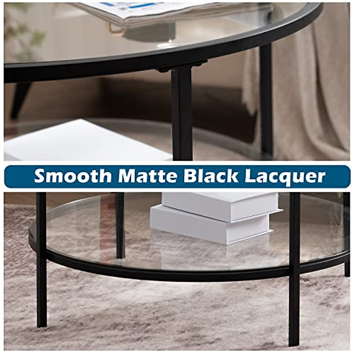 VINGLI Glass Coffee Table,30" Round Coffee Table Black Coffee Tables for Living Room,2-Tier Glass Top Coffee Table with Storage Clear Coffee Table,Simple & Modern Center Table Mesa de Centro Para Sala