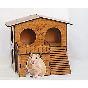 2 Storey Hamster House with Wide Door Small Animal Climbing Ladder Dwarf Hamster Small Pet Dwarf Hamster Cage Small Animal Hideout Easy Clean Wooden Hideaway, Brown