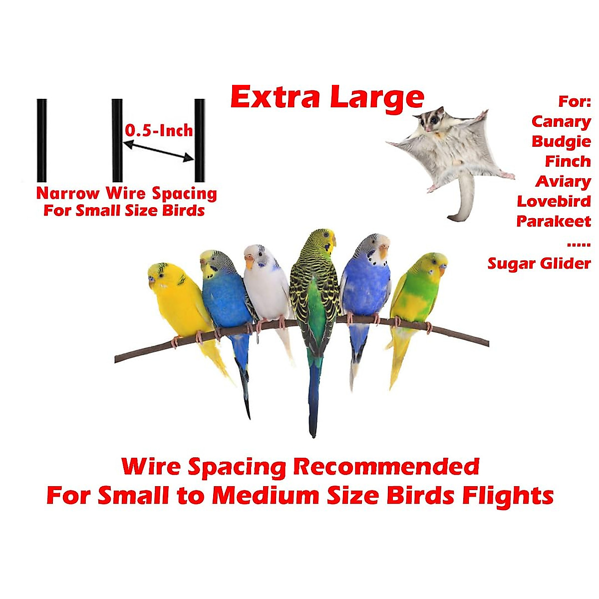 64" Extra Large Wrought Iron Side Nesting Box Doors for Flight Breeding Canary Parakeet Cockatiel Lovebird Finch Bird Flight Home Cage with Removable Rolling Stand