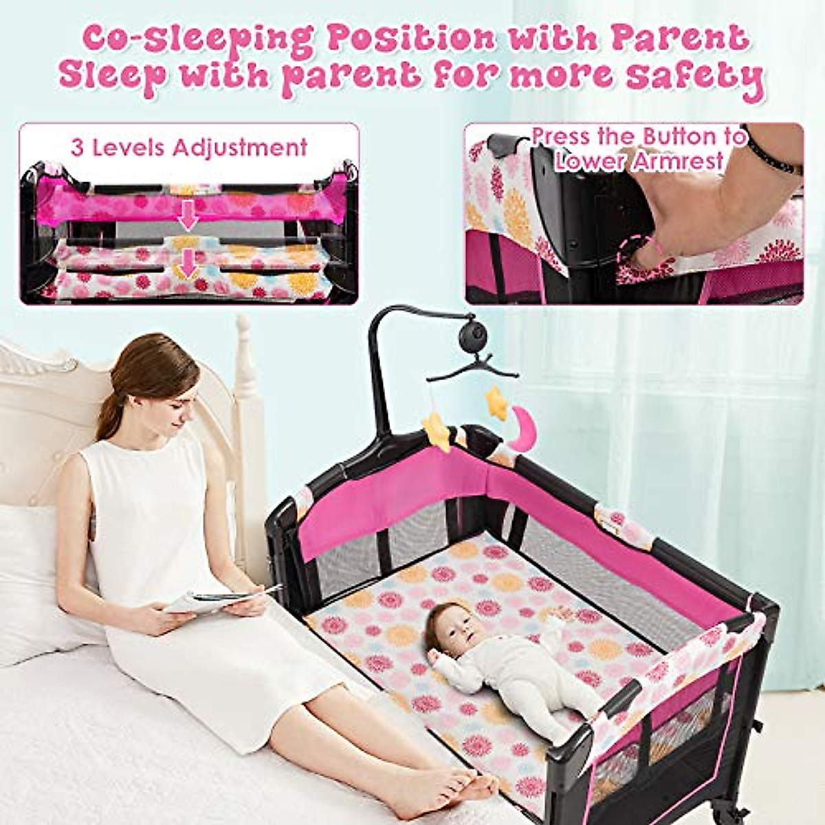 BABY JOY 4 in 1 Pack and Play, Baby Bedside Sleeper with Bassinet, 3 Adjustable Heights, Music Box, Easy to Install, Foldable Bedside Crib w/Changing Table, Playards from Newborn to Toddlers