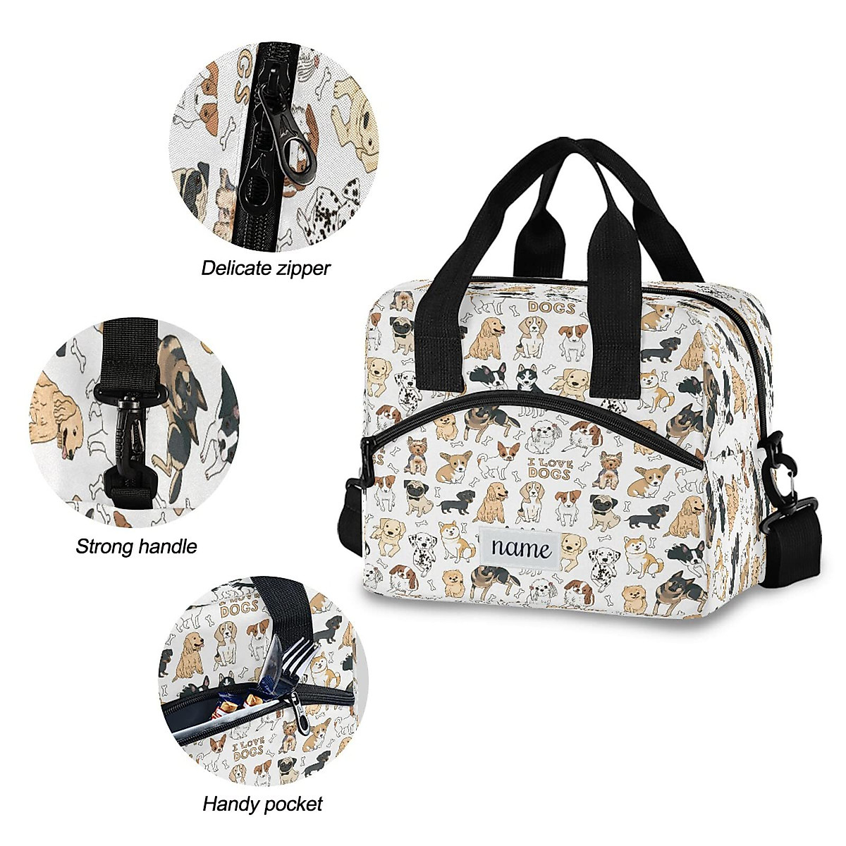 Breeds Drawn Dogs Custom Lunch Bag for Women Men Customized Insulated Cooler Lunch Tote Box for Adult Leakproof Thermal Lunch Tote Bag Lunch Box