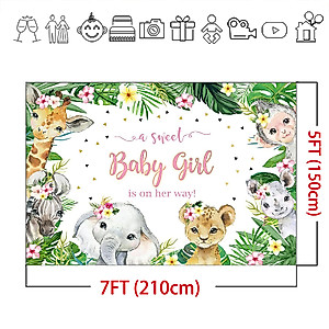 Mocsicka Girl Safari Baby Shower Backdrop 7x5ft Pink Safari Wild Animals A Sweet Baby Girl is On Her Way Baby Shower Party Decorations Floral Greenery Photography Background