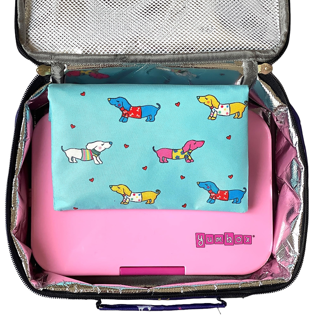 Yumbox Reusable Fabric Sandwich and Snack Bags (Set of 2 Unicorns and Cute Dog prints) for toddlers and kids' lunches. Zip Closure, Wide Opening, Washable, Food Safe, BPA Free, large 8x8 in.