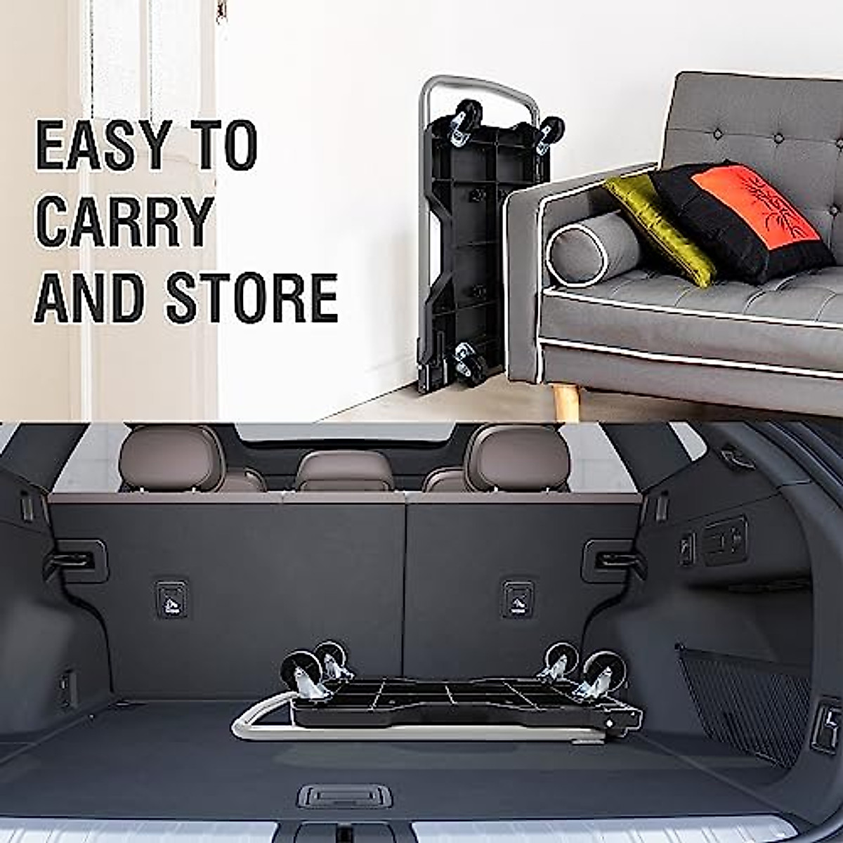 Olympia Tools Fully Folded Resin Push Cart Dolly - 330 Lb. Loading Capacity Foldable Moving Platform Cart Hand Truck - Black Collapsible Heavy Duty Folding & Rolling Flatbed Cart with 4 Swivel Wheels