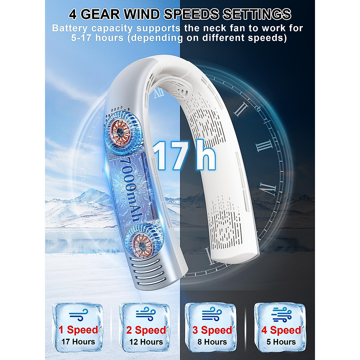 Portable Neck Fan Rechargeable 7000mAh, Bladeless 360° Airflow Cooling Neck Fan Cooler with Necksupport, Quiet Wearable Hands-Free Personal Fan, 4 Turbo, Display, Portable Fan for Hot Flashes/ Travel