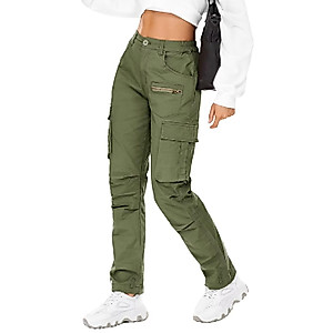 AKARMY Women's Relaxed Fit Cargo Pants Outdoor Sport Hiking Pants Casual Pants Parachute Pants with Zipper Pockets 8611 Military Green 10
