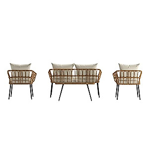 Flash Furniture Evin Boho 4 Piece Patio Conversation Set - Natural Rope Rattan - Cream All-Weather Cushions - Tempered Glass Top Coffee Table - Indoor/Outdoor
