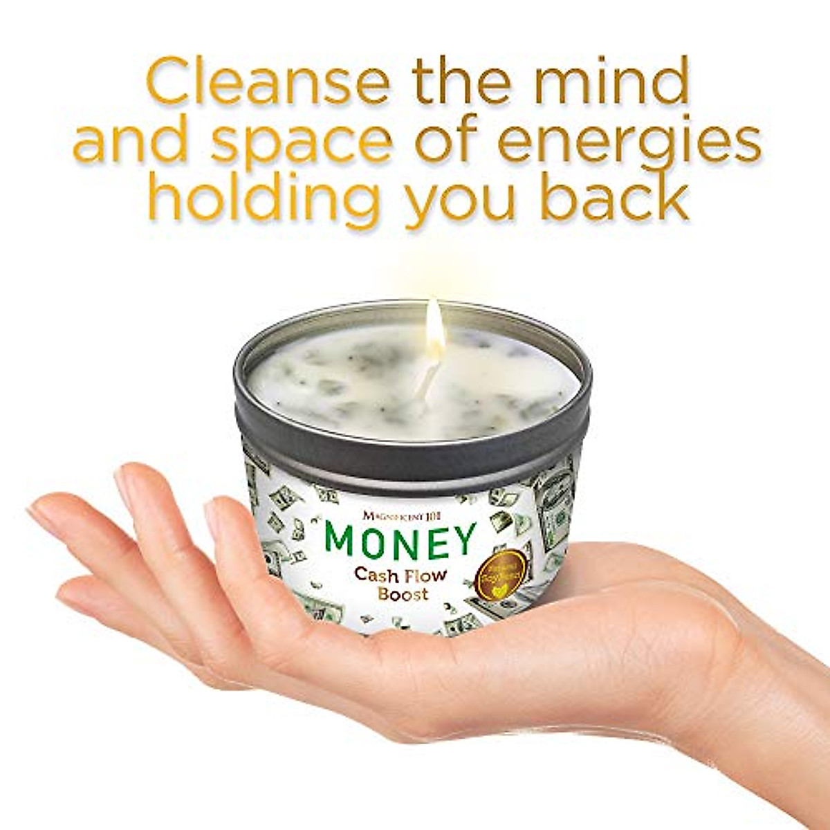 MAGNIFICENT 101 Money Aromatherapy Candle for Getting a Cash Flow Boost - Sage Cinnamon Scented Natural Soybean Wax Tin Candle for Purification and Chakra Healing