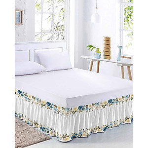 Watercolor Flower Bed Skirt King Size 16 Inch Drop, Adjustable & Elastic Wrap Around Bed Skirts Pleated Luxury Dust Ruffles for Twin Full Queen Cal King Base Bed, Yellow Blue Green Floral Leaf White