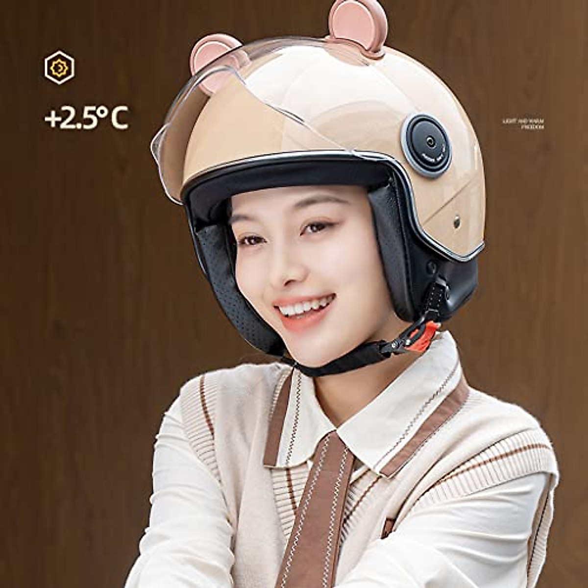 Adults Electric Open Face Bear Ears Motorcycle Helmet, Men Women Motorbike 3/4 Helmet DOT Approved, Retro Vespa Helmet Half Helmet with Visor, for Scooter Cruiser Moped Chopper