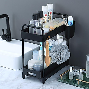 Botion 2 Pack Double-Layer Under Sink Organizer for Efficiently Utilizing Space, High Capacity and Space Saving, 2 Tier Sliding Under Sink Shelf with 4 Hooks and a Cup Slot(Black)