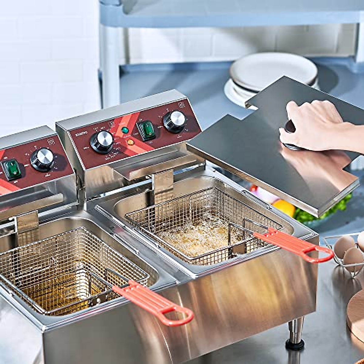 EGGKITPO Deep Fryers Stainless Steel Commercial Deep fryer with Timer Dual Tank Electric Deep Fryer with 2 Baskets Large Capacity 10L X 2 Electric Countertop Fryer for Restaurant and Home, 120V 3600W