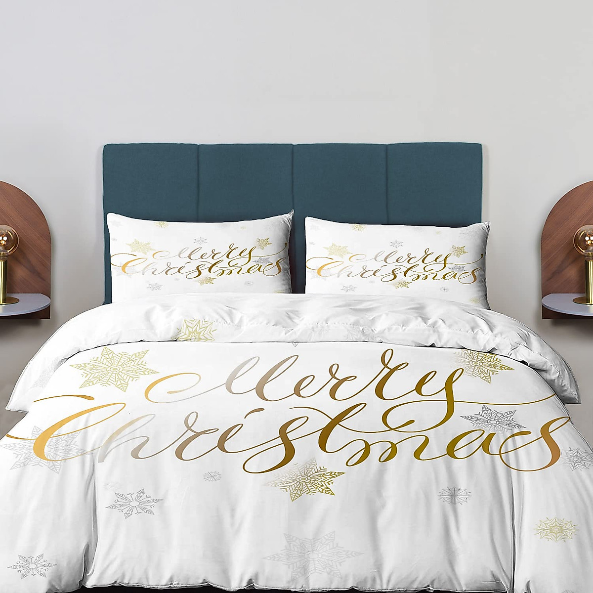 BaoNews Golden Christmas Merry Christmas Duvet Cover Set King Size,3 Pieces Silver Gray Snowflake Bedding Set Hotel Quality 100% Cotton Comforter Cover Set with 2 Pillowcases(No Filler)