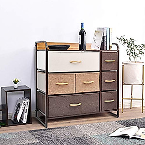 CERBIOR Drawer Dresser Closet Storage Organizer 7-Drawer Closet Shelves, Sturdy Steel Frame Wood Top with Easy Pull Fabric Bins for Clothing, Blankets - Mixture