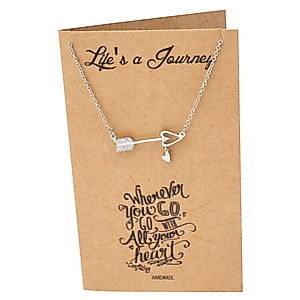 quan jewelry Arrow Necklace with Heart Charm Sideways Arrow Pendant, Graduation Gifts Dream Necklace with Inspirational Quote Greeting Card, Adjustable Chain 16" to 18" Silver Tone