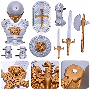 Medieval Knight in Shining Armor, Kids Crusader Pretend Role Play Plastic Costume Dress Up Cosplay with Toy Swords, Axe, Shield, Weapons & Accessories Playset