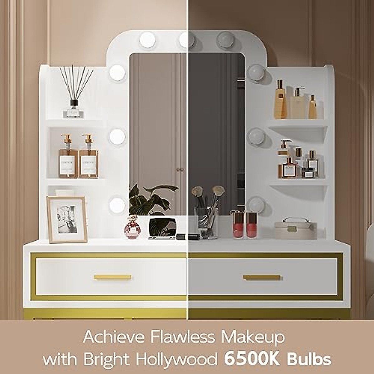 Buytime Vanity Desk with Mirror and Lights, Makeup Vanity Table with 9 LED Lights, 2 Drawers and 4 Storage Shelves, Modern Vanity Set for Bedroom (White)