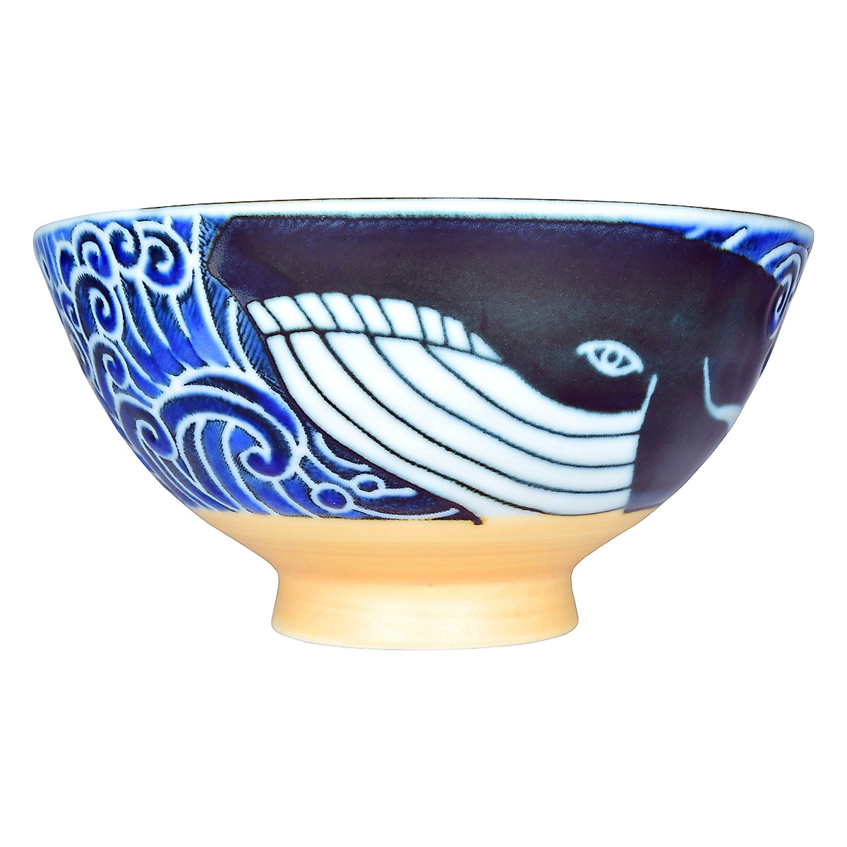 Mino Ware Japanese Rice Bowl, Rice Ramen Noodle Soup Sarada Pasta, Wave Whale Chawn, 4.6 inch 10oz Set of 2