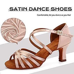 JUODVMP Women's Ballroom Latin Salsa Shoes Satin 5-Straps Braided with Suede Sole Heels,8 US