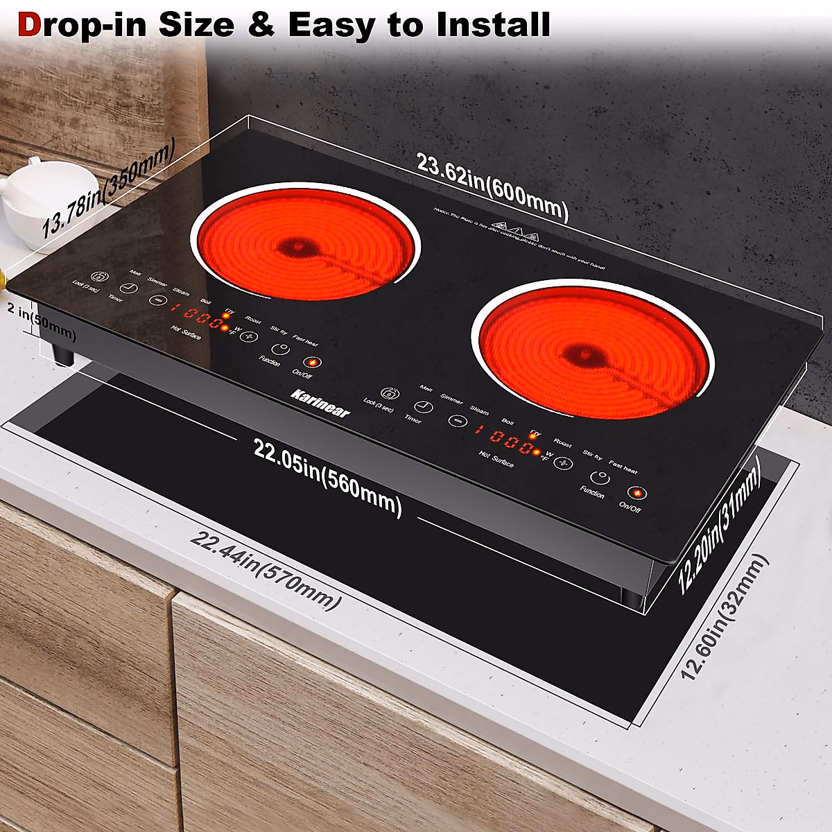 Karinear 2 Burners Electric Cooktop 24 Inch, 110v~120v Countertop and Built-in Elecric Stove Top, Portable Electric Radiant with Outlet Plug, Sensor Touch, Child Safety Lock, Timer