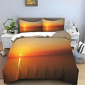 HRBK Orange Sunset Duvet Cover Full Lake Print Bedding Sets Soft Lightweight Fluffy Microfiber Quilt Cover and 2 Pillow Shams 20"x26" with Zipper Closure and Ties for Bedroom Decor