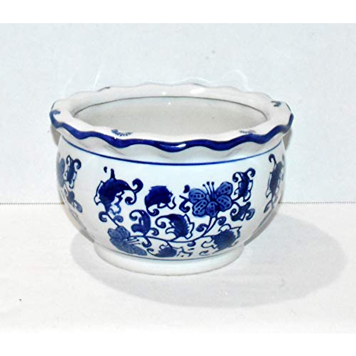 New 7.75" Cobalt Blue & White Oriental Flowers & Leaves Potbelly Bonsai Planter Pot