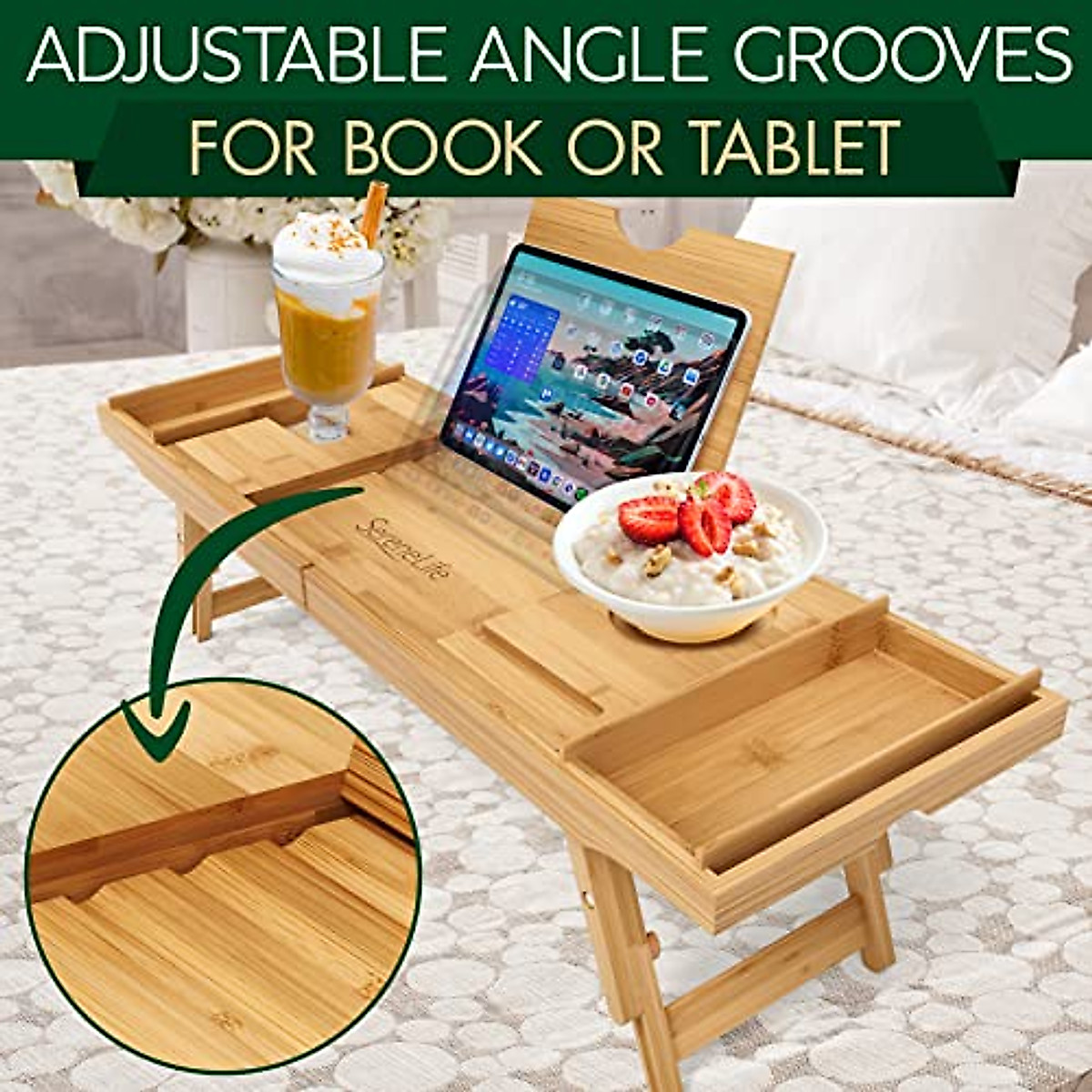 SereneLife Bath Caddy Breakfast Tray Combo - Natural Bamboo Wood Waterproof Bath Tub Caddy and Bed Tray with Folding Slide-Out Arms, Device Grooves, Wine Glass and Soap Holder SLBCAD50.5 , Brown