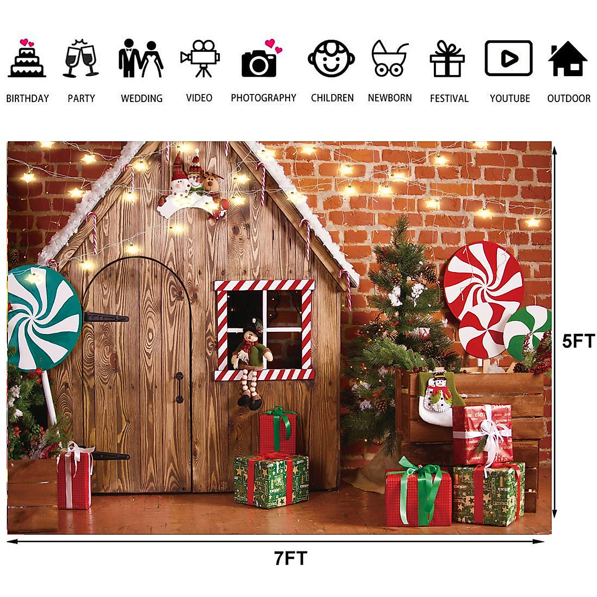 LTLYH 7X5ft Christmas Photo Backdrop Christmas Wooden House Candy Tree Photoshoot Background for Kids Portrait Photo Studio Booth Photographer Props Backdrop 119