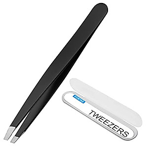FIVETAS Stainless Steel Tweezers for Eyebrows-Slant Tweezer with Case for Women&Man,Great Precision on Brow,Facial Hair and Ingrown Hair Removal(Black)