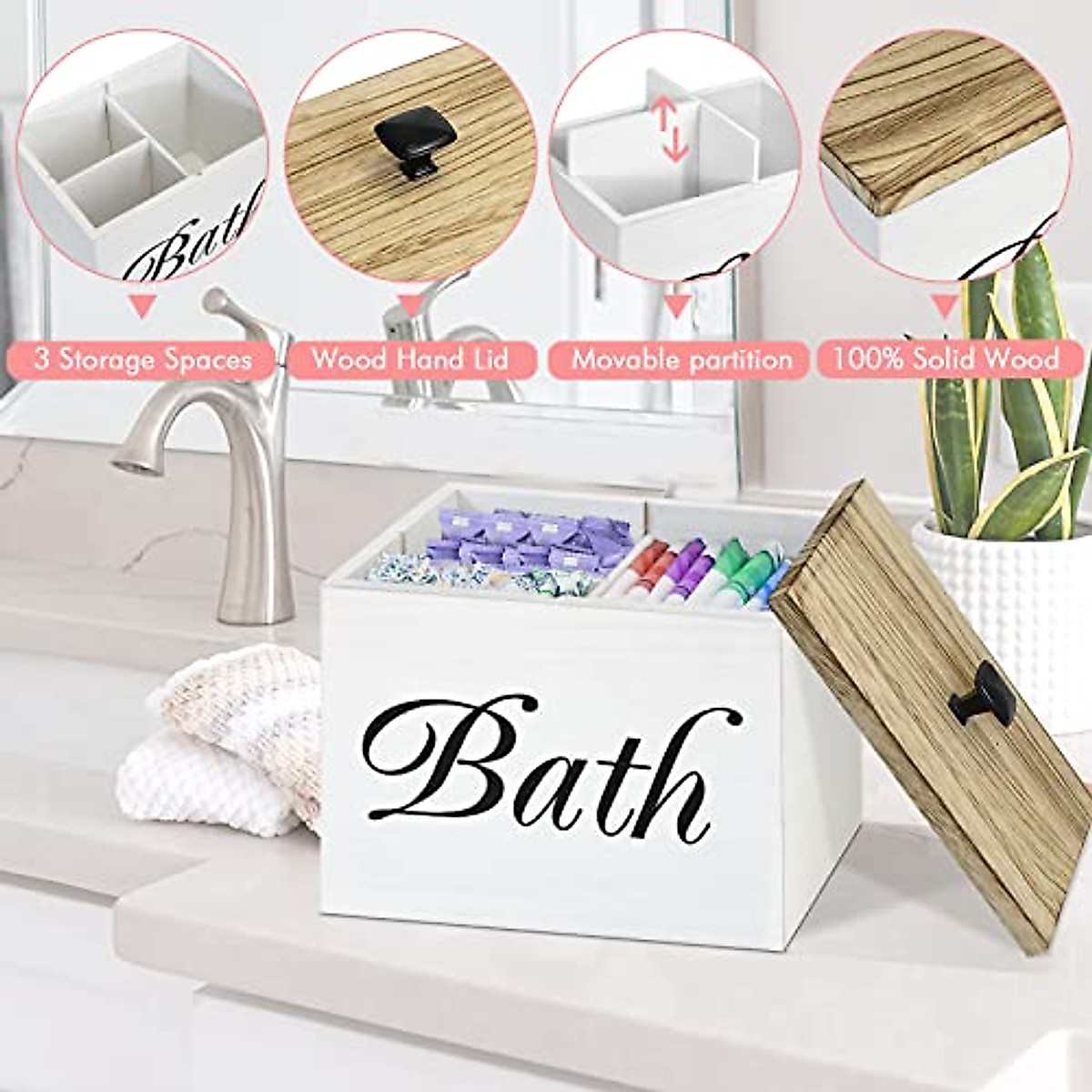 Tampon Storage Bathroom Container with Lid, Tampon Holder for Bathroom, Countertop Organizer Storage Box Tampons and Pad Organizer, Wood Movable Partition Feminine Product Organizer for Cosmetics