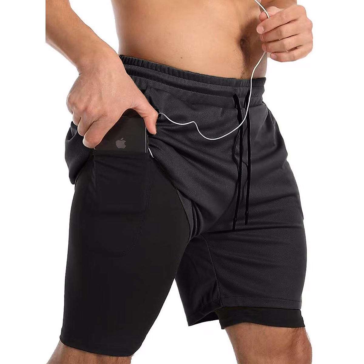 JWJ Men's Running Athletic Workout Sports Mens 2 in 1 Shorts Breathable Gym Short for Men with Pocket, Black Meduim
