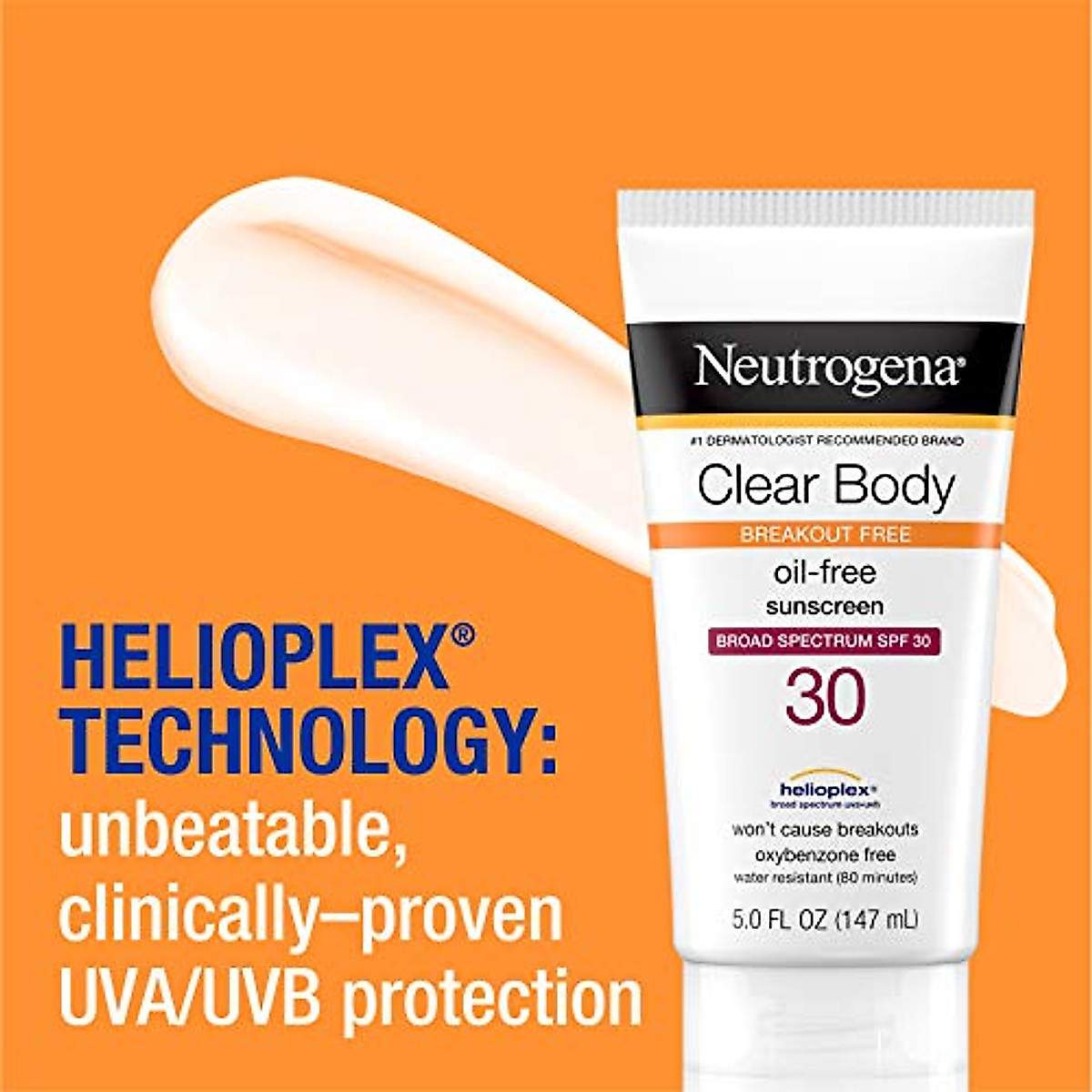 Neutrogena Clear Body Breakout-Free Liquid Sunscreen Lotion for AcneProne Skin, Oil Free Sunscreen, Broad Spectrum SPF 30, Oxybenzone Free, Fragrance Free, Non Comedogenic, Unscented, 5 Fl Oz