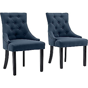 Alohappy Dining Chairs Linen Upholstered Side Chairs with Natural Oak Legs for Kitchen,Living Dining Room,Set of 2 Navy Blue