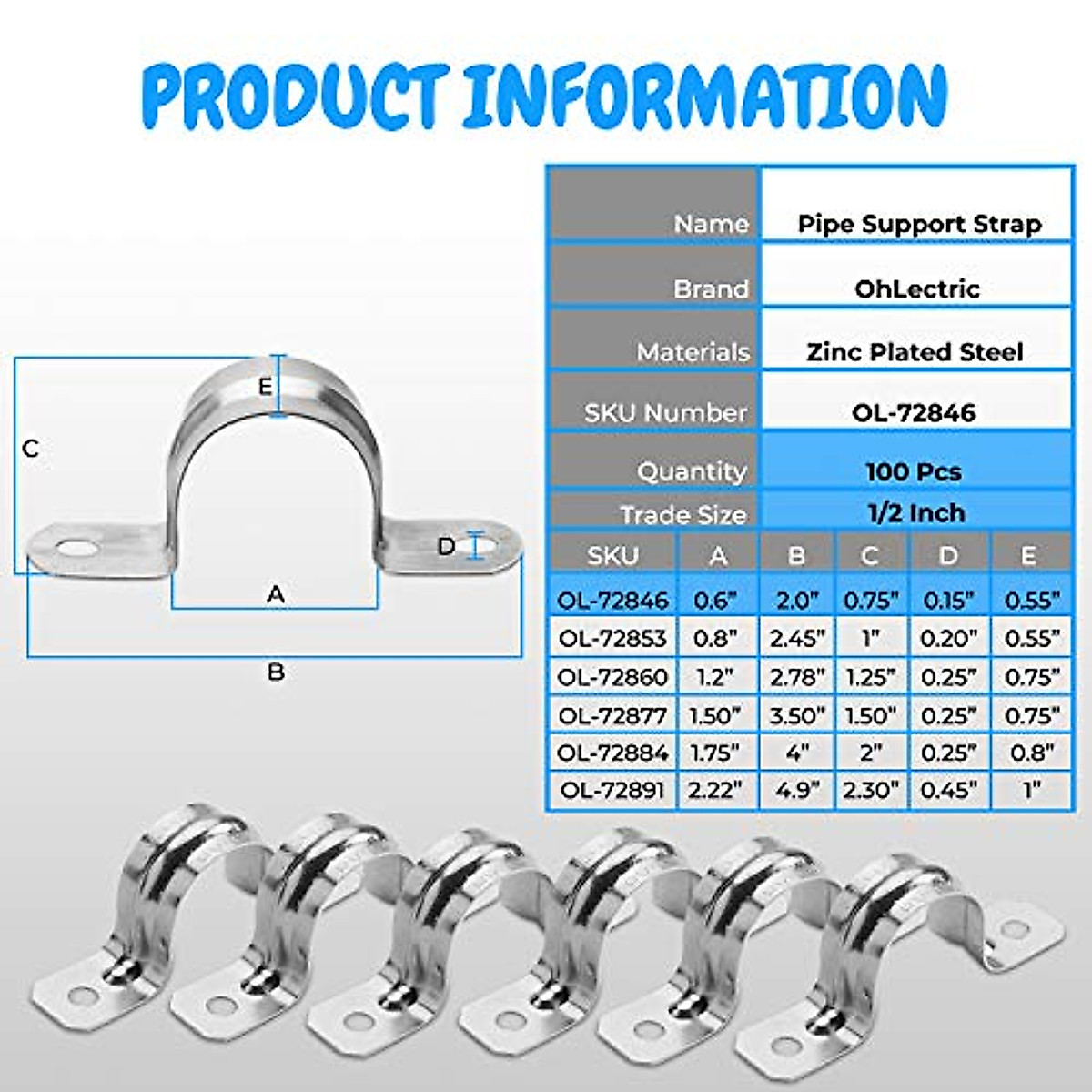 OhLectric Pipe Support Strap - Steel Pipe Strap with 2 /Holes - Heavy-Duty 1/2 inch U Bracket - Zinc Coated Tension Tube Clip - Pipe Clamp for EMT Conduits - OL-72846 - 100 PCS