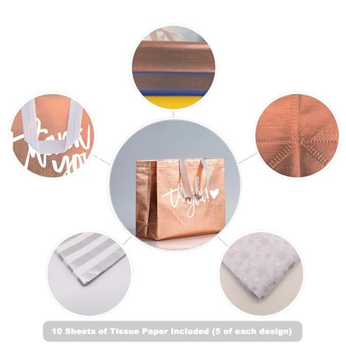 SHIPKEY 10 Pack Rose Gold Grocery Bags with Tissue Paper, 12.5x4.7x11 Inches Thank You Shopping Bags, Water-proof Packing Bags for Christmas, Easter Day, and Weddings (32x12x28 cm)