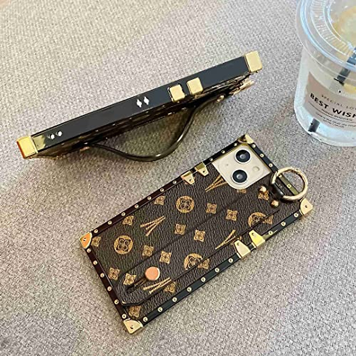TRODINO Square Leather iPhone 14 Pro Max Case with Wristband Strap, Luxury Designer Trunk Box Phone Case for Women Girls, Hand Holder Ring Kickstand Shockproof Protective Bumper Case 6.7” (Brown)