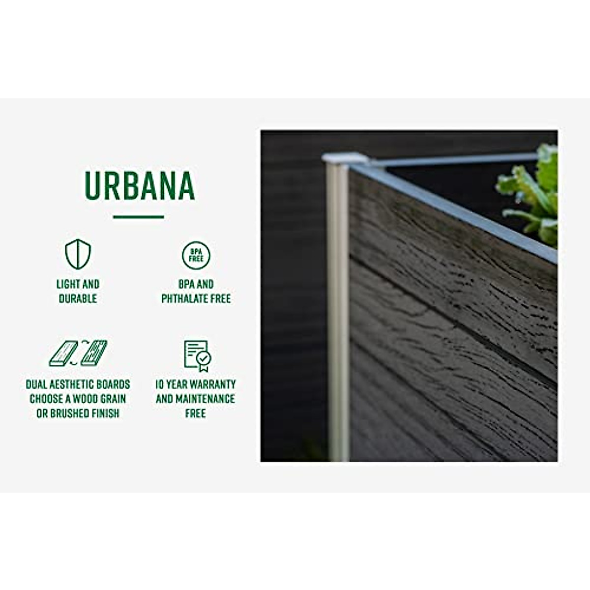 Vita Urbana 16 inch x 56 inch x 33 inch Embossed Vinyl Large Parklette Planter, Slate Grey, Gray, PVC, Woodgrain, BPA and Pthalate Free, VT17613
