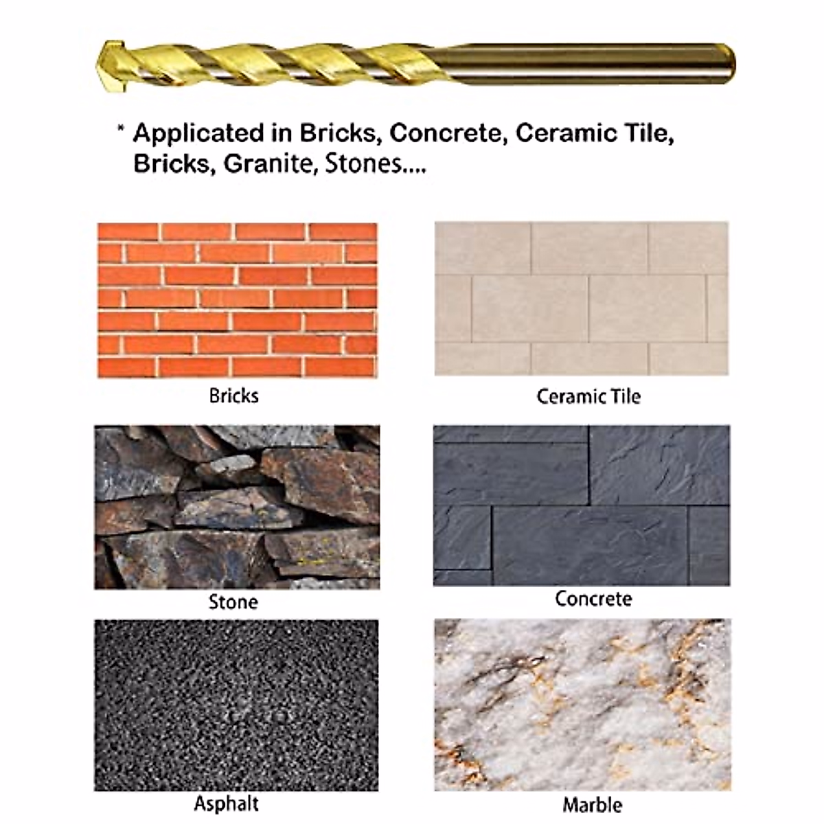 Masonry Drill Bit Set 1/8 in. Carbide Tip Golden Flute Drill Concrete Rock-10Pcs