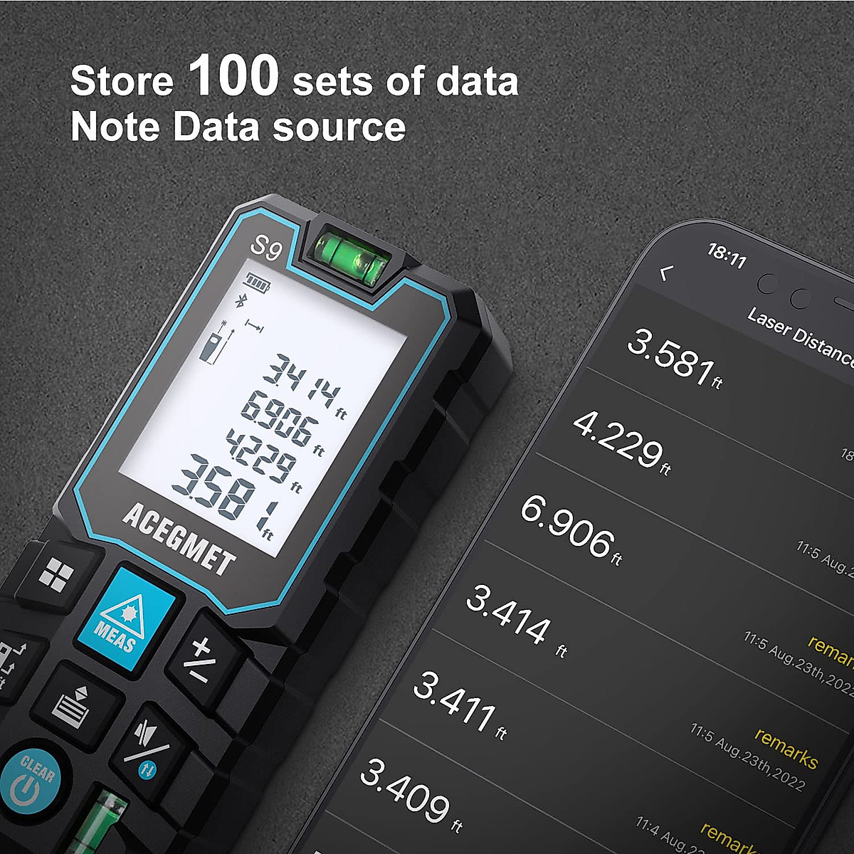 Laser Measurement Tool with Phone App, Real Time Data Sharing+Floor Plan Mapping Laser Tape Measure, 229 Ft Laser Measure, ±1/16 inch Accuracy, Ft/in/Ft+in/M Unit Switch and 6 Modes of the Measurement